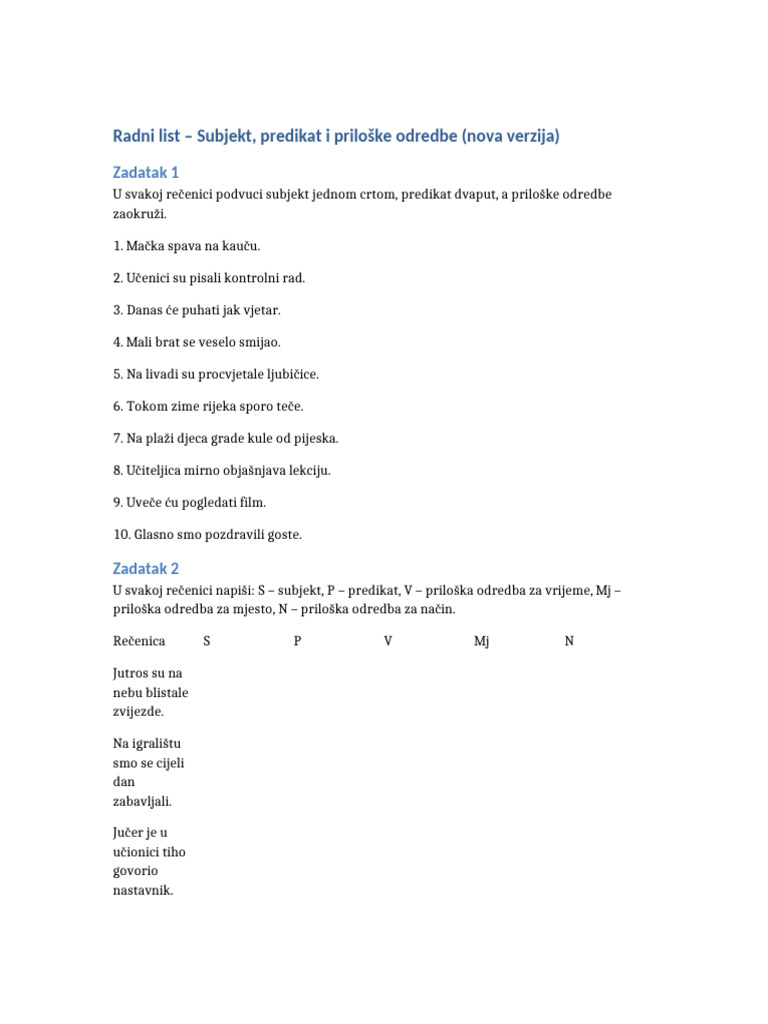 Radni List Subjekt Predikat Priloske Odredbe NOVA | PDF