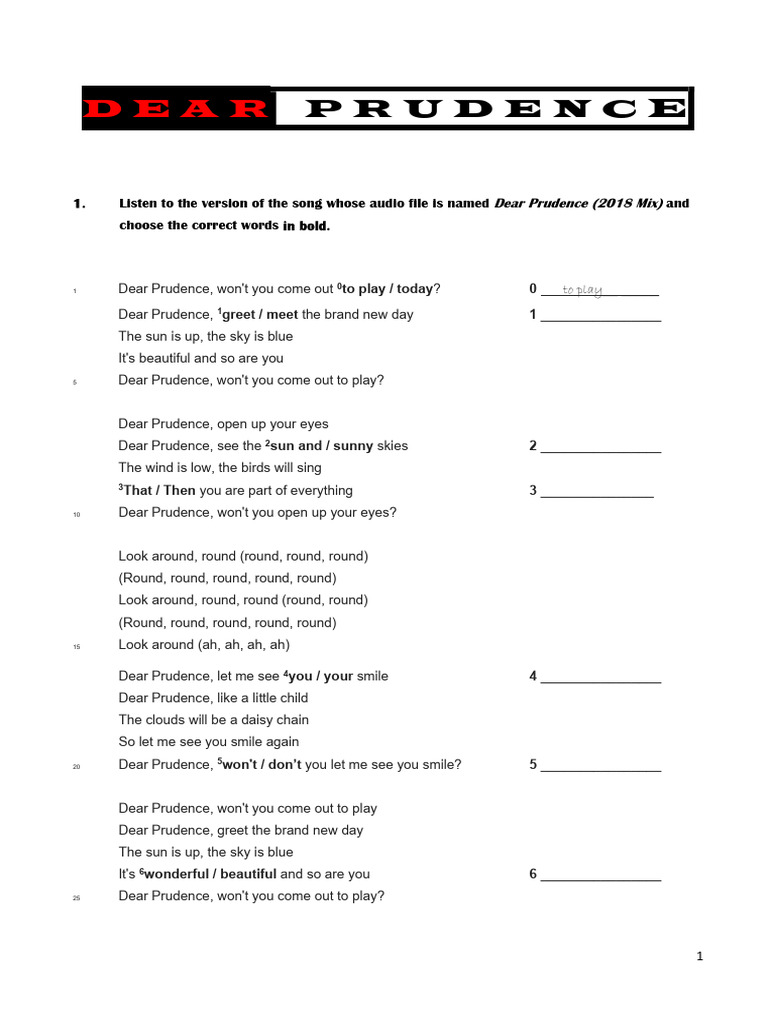 "Dear Prudence Song Analysis and Activities" | PDF | The Beatles