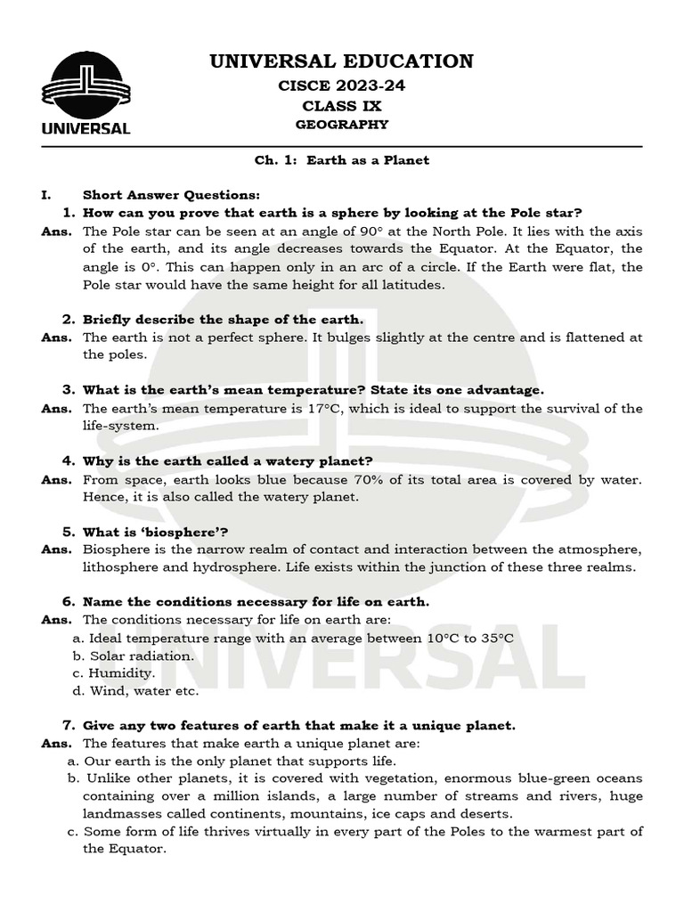 Ch. 1 - Earth As A Planet - Geography - Class IX - CISCE (2023-24 ...