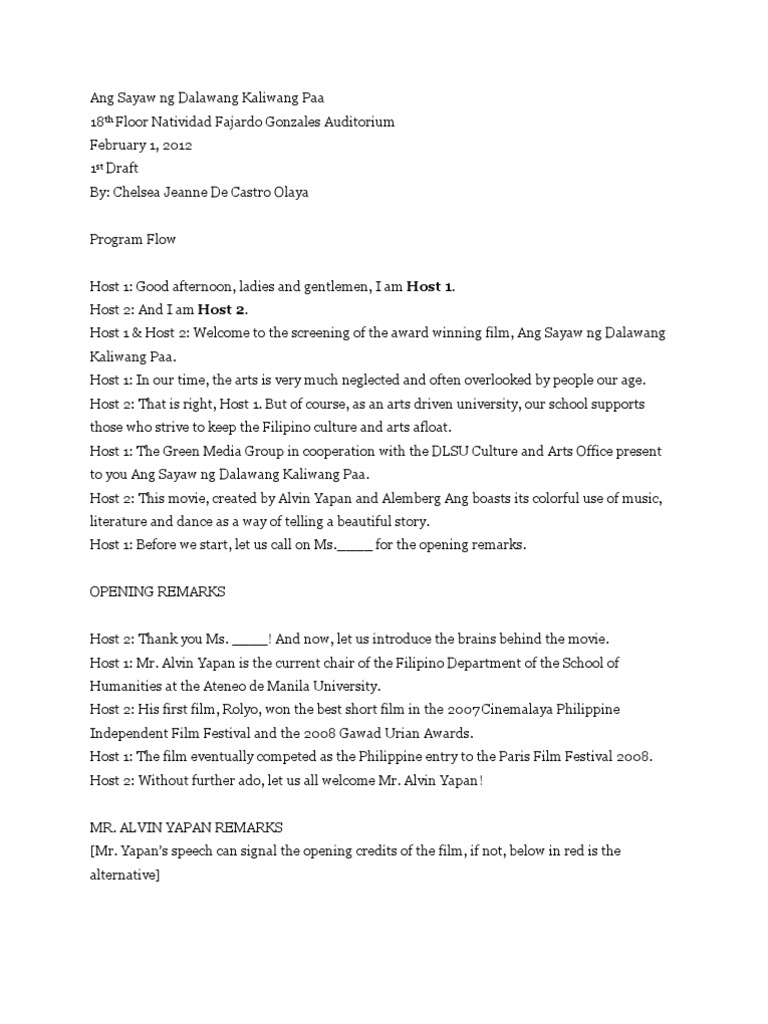 Ang Sayaw NG Dalawang Kaliwang Paa Screening Script | PDF | Philippines ...