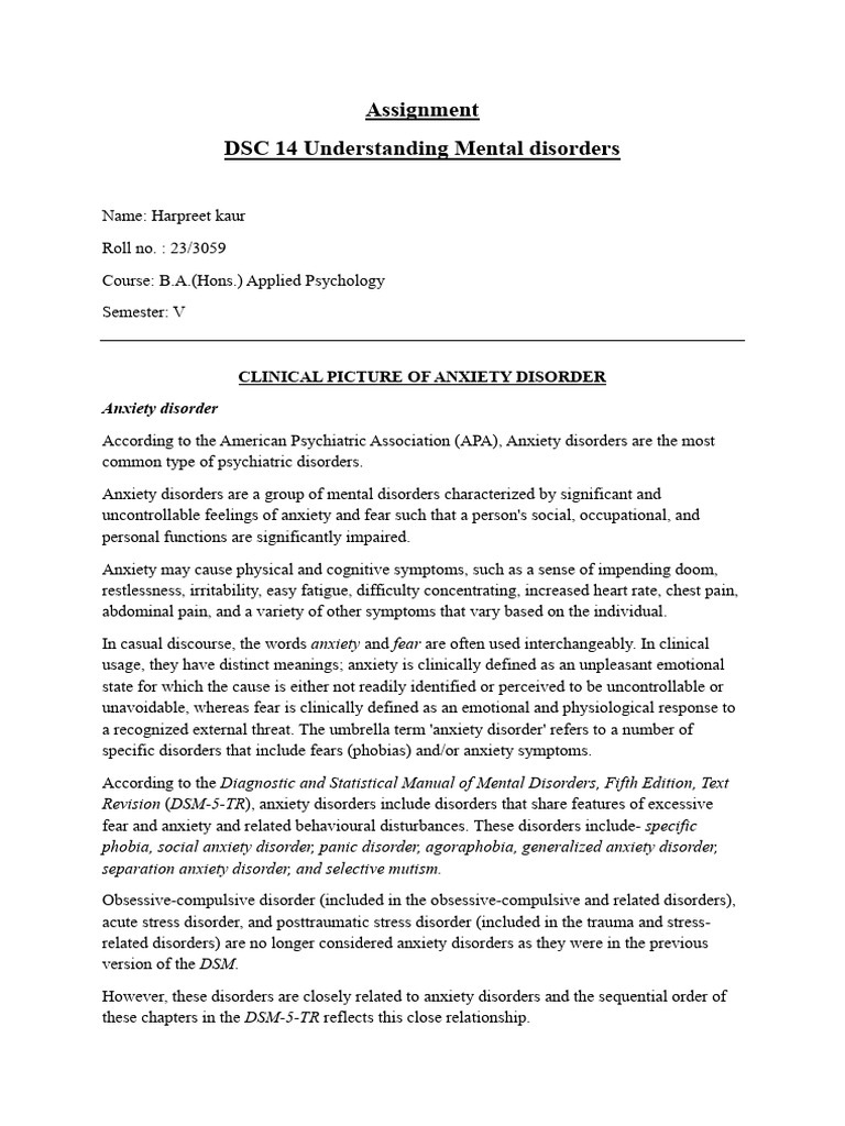 Assignment Anxietydisorder | PDF | Anxiety Disorder | Generalized ...