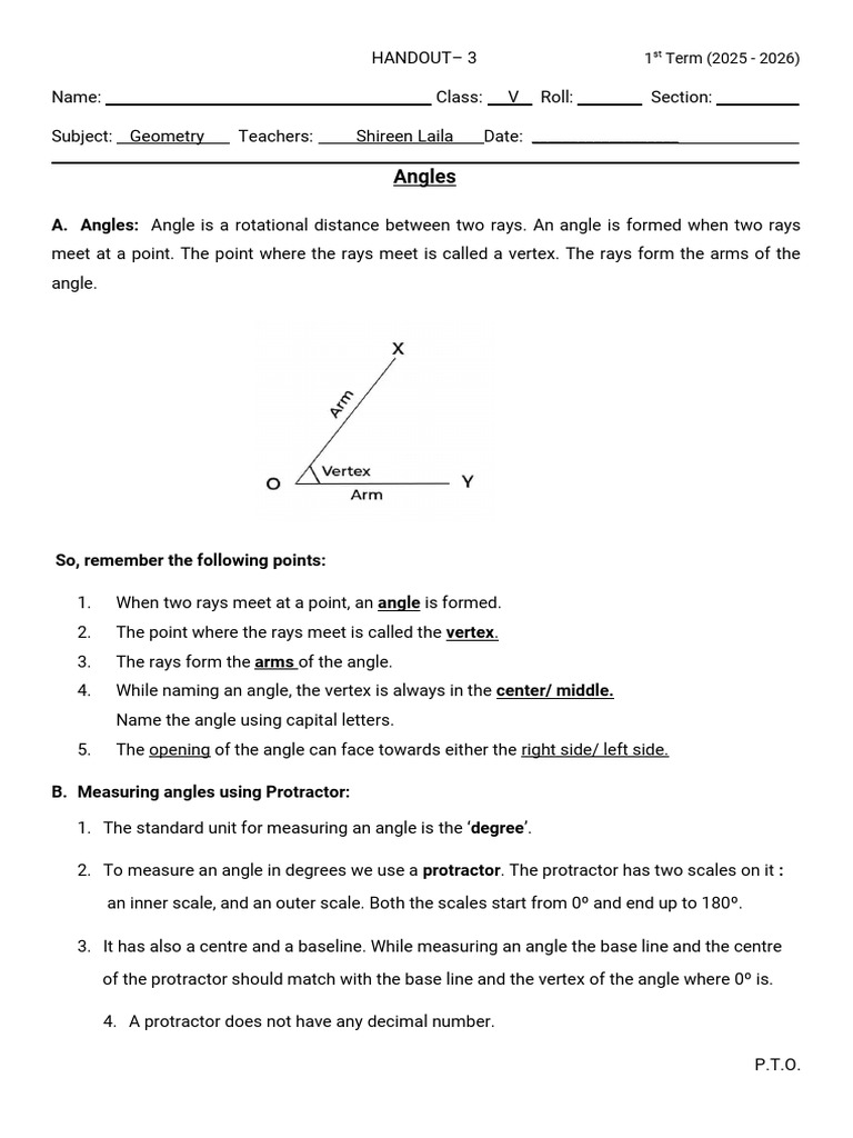Class V Geometry - HANDOUT - 3 | PDF | Angle | Classical Geometry