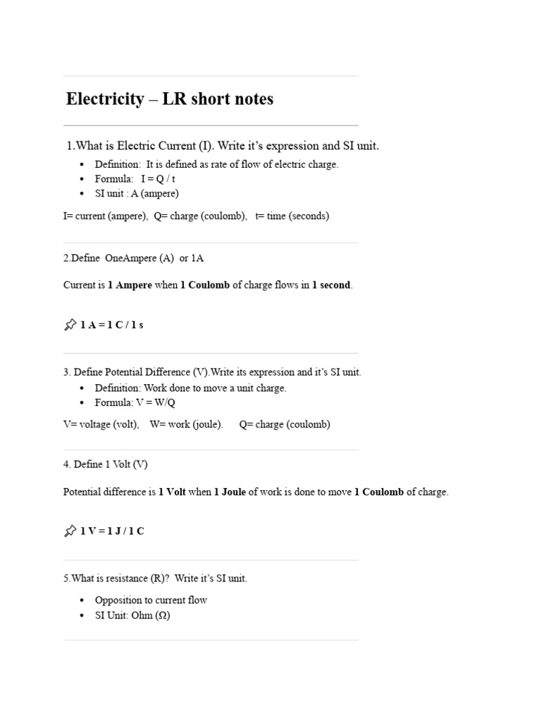 Electricity LR Short Notes | PDF | Voltage | Volt