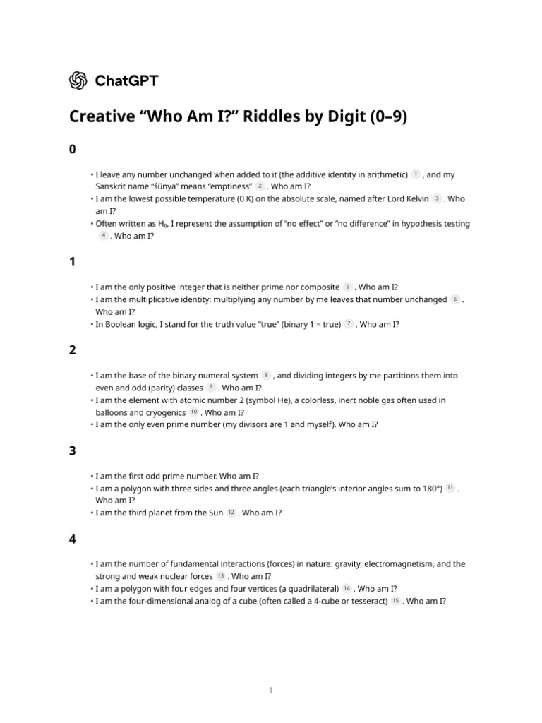 Creative "Who Am I - " Riddles by Digit (0-9) | PDF | Numbers | Prime ...