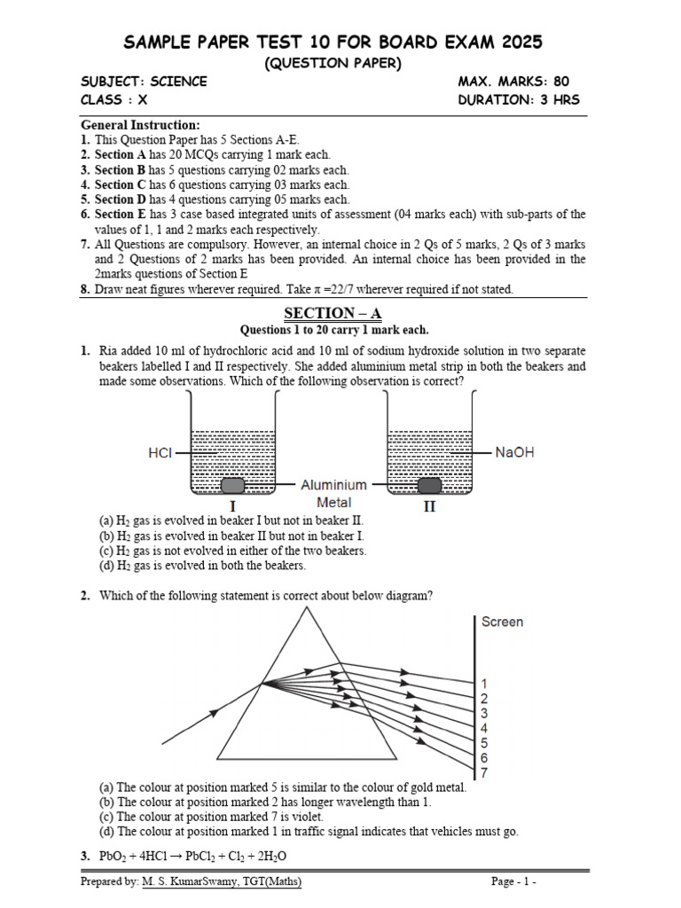 Science Class x Sample Paper Test 10 for Board Exam 2025 Qp (1) | PDF ...