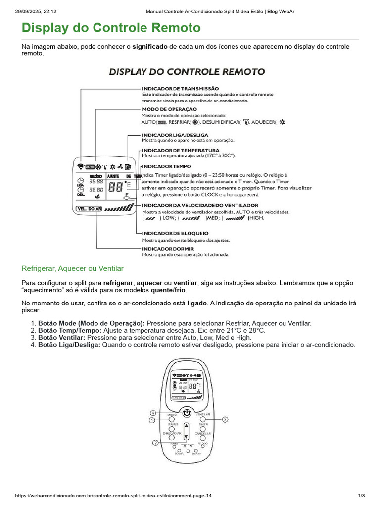 Manual do Controle Remoto Split Midea | PDF | Ar condicionado | Tempo