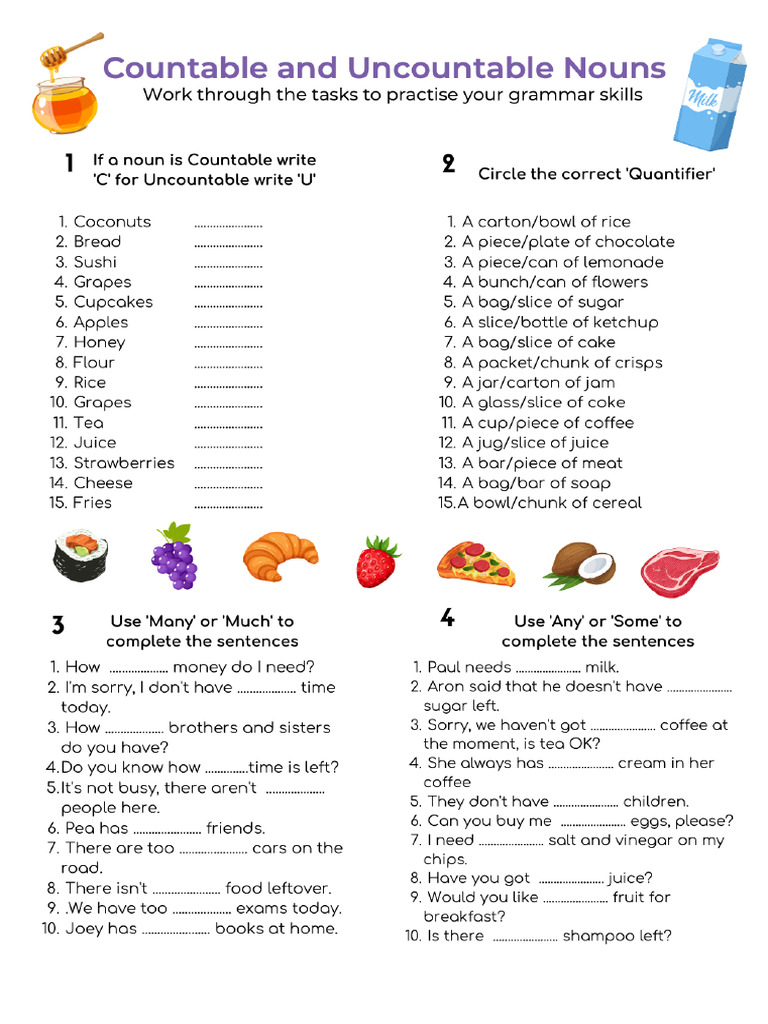 Countable And Uncountable Nouns Exercise Level 1 Pdf