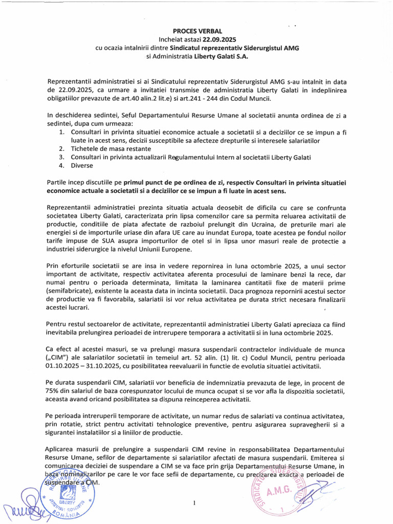 PROCES VERBAL Sedinta de Informare-Consultare Cu Sindicatul - 22.09. ...