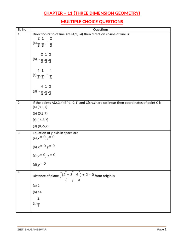 3D Geometry MCQs for Students | PDF | Line (Geometry) | Analytic Geometry