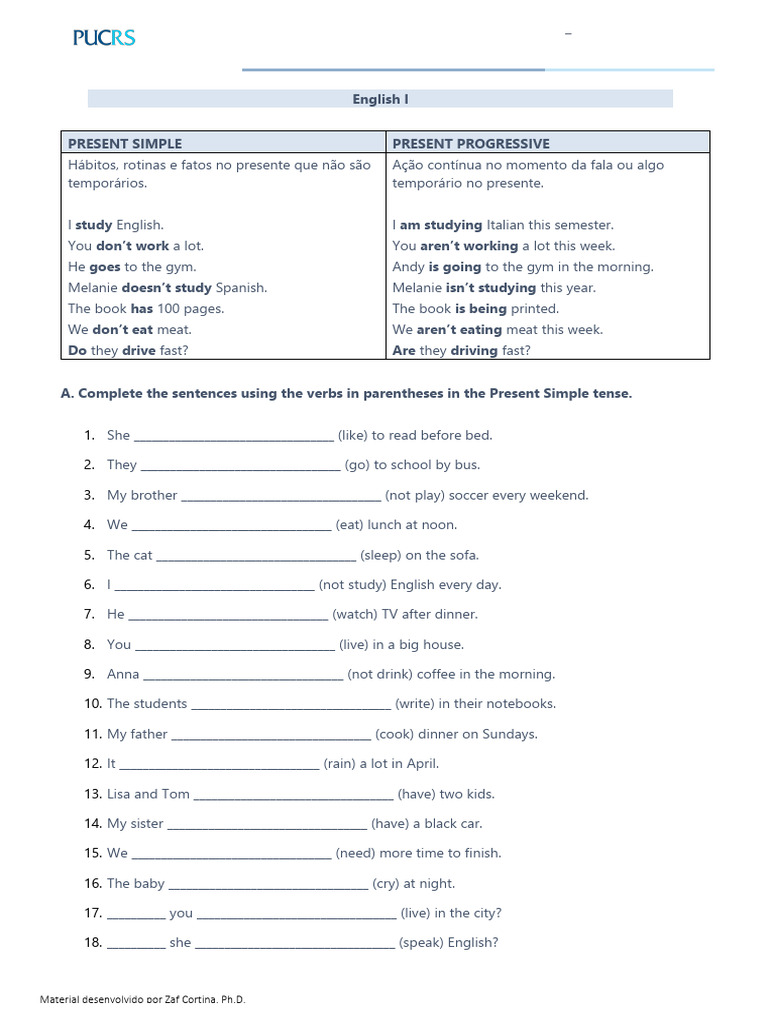 Present Simple and Progressive Exercises | PDF | Linguistics