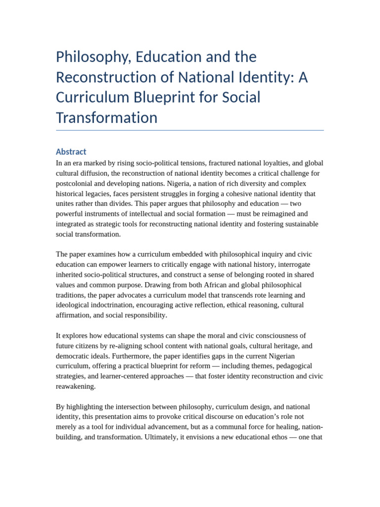 Philosophy Education National Identity Curriculum | PDF