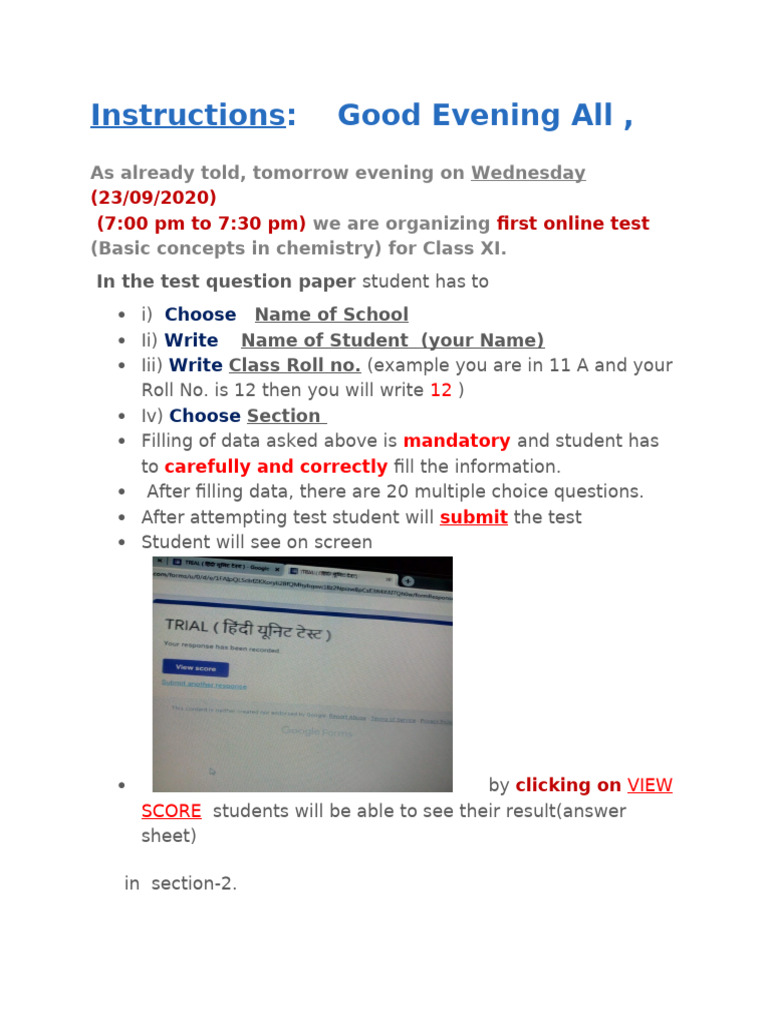 Instructions For Online Test | PDF