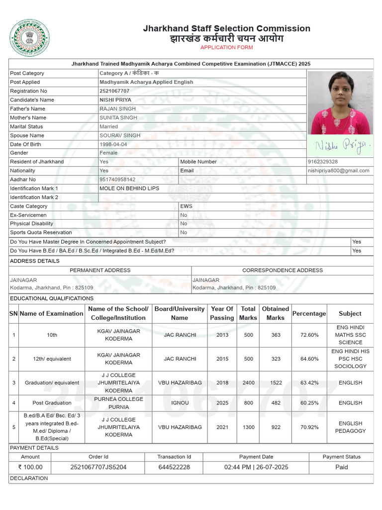 JTMACCE Registration Form | PDF | Educational Stages | Qualifications