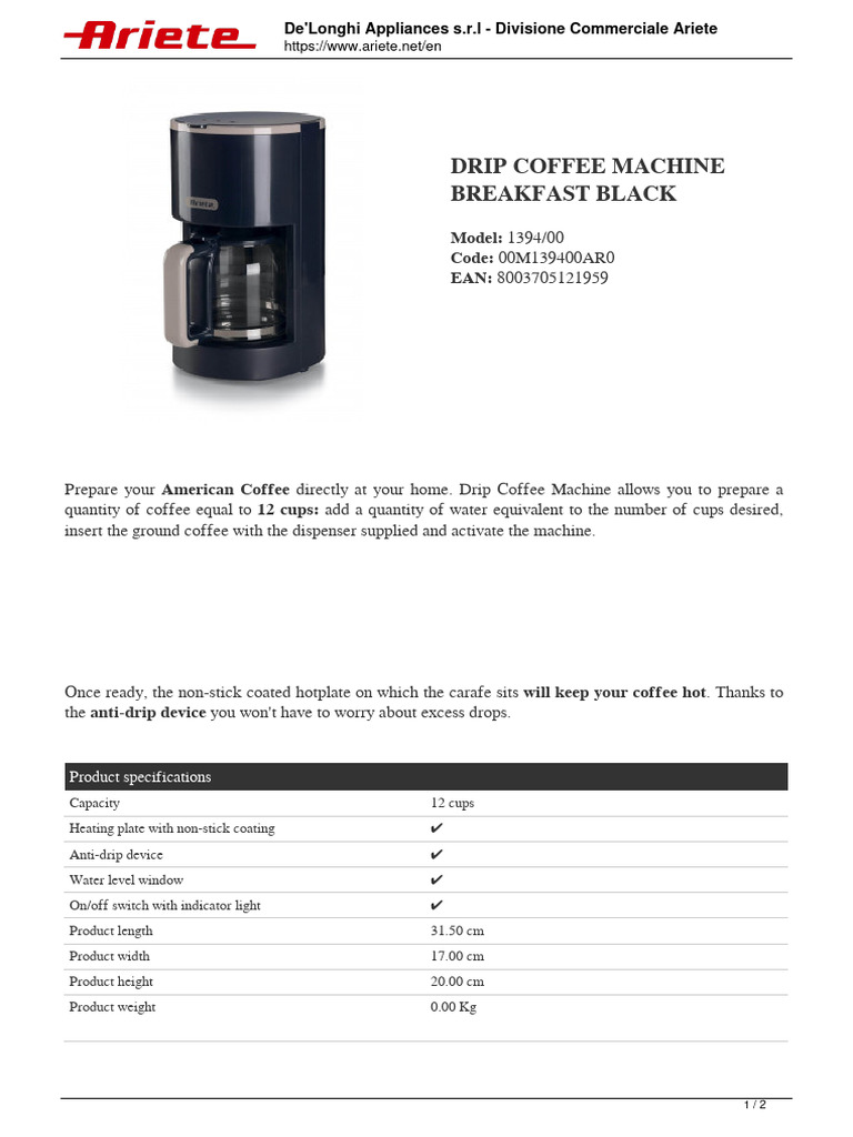 Ariete Drip Breakfast Coffee Machine Data Sheet | PDF