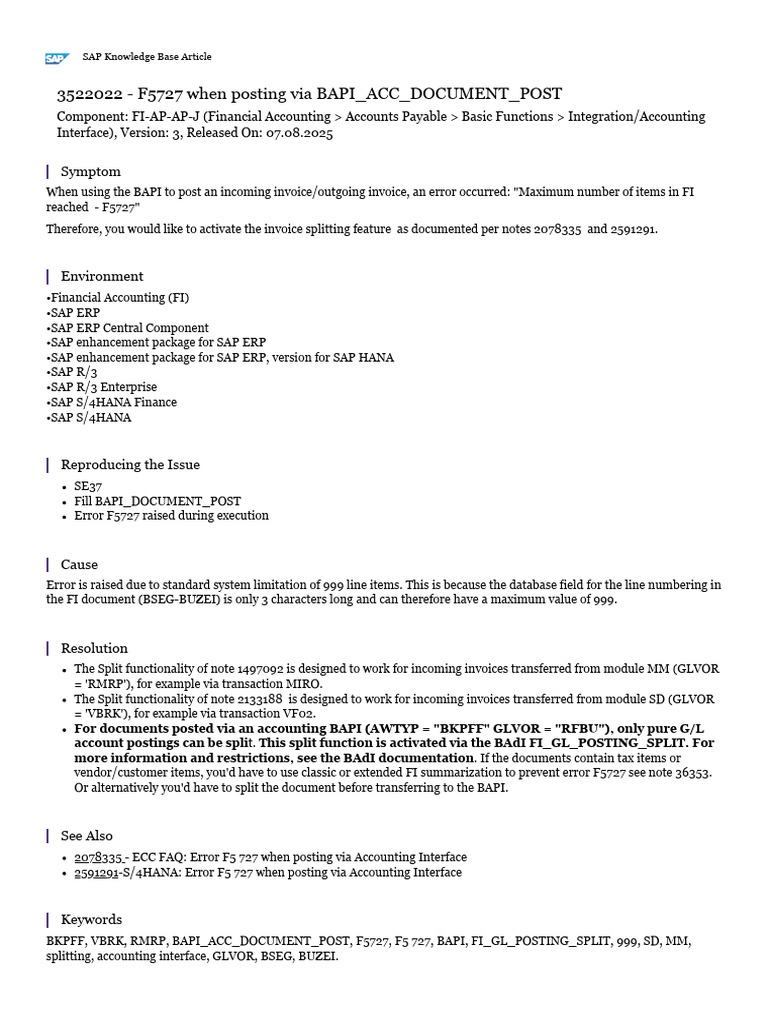 Fix Error F5727 in SAP BAPI Posting | PDF | Computing | Sap Se