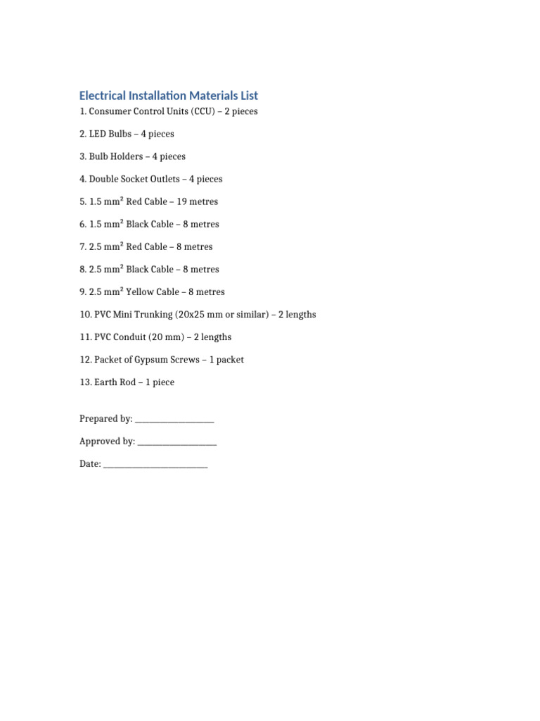 Electrical Installation Materials List | PDF