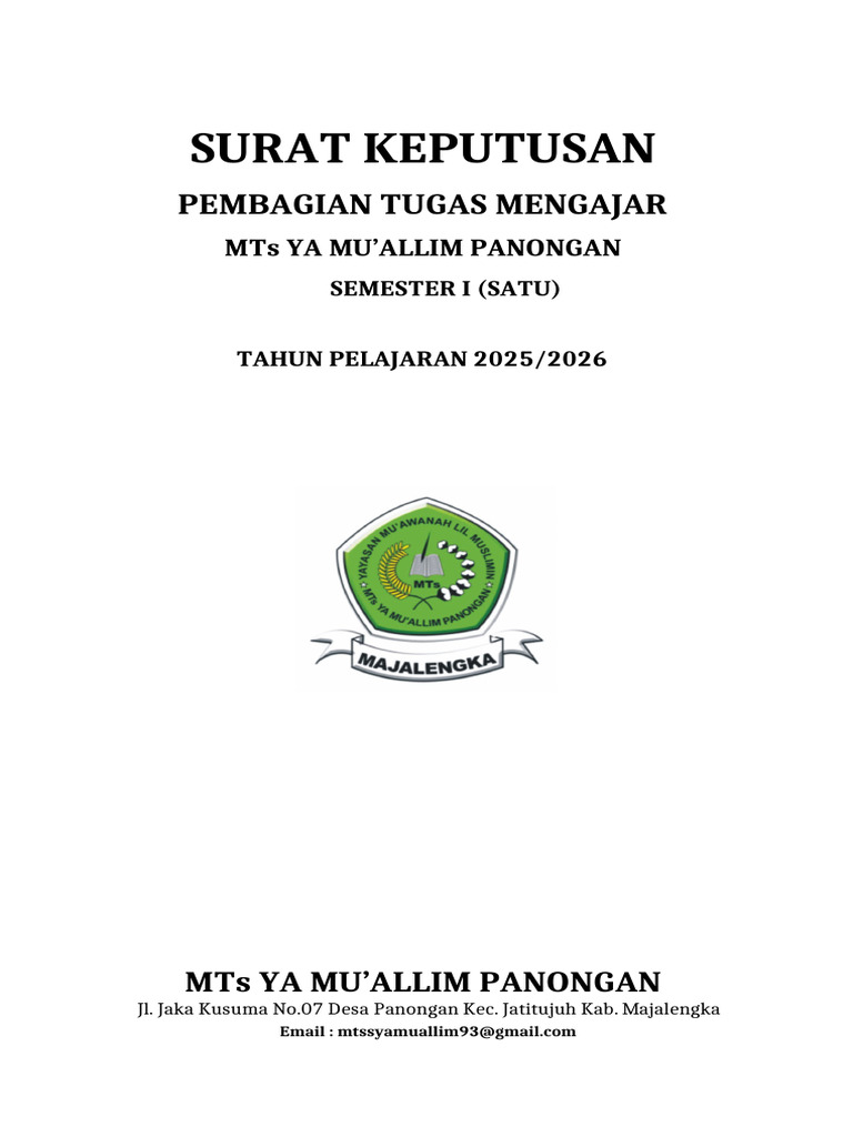 Pembagian Tugas Mengajar MTs 2025/2026 | PDF