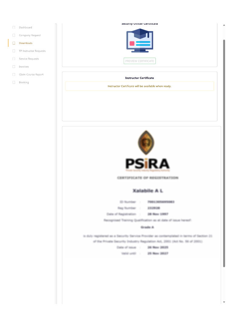 Grade a Psira Certificate | PDF