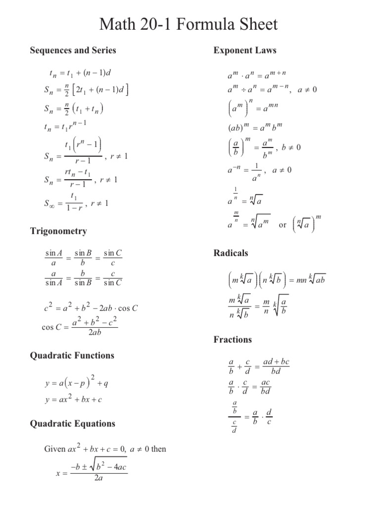 Math 20-1 Formula Sheet Overview | PDF | Equations | Number Theory