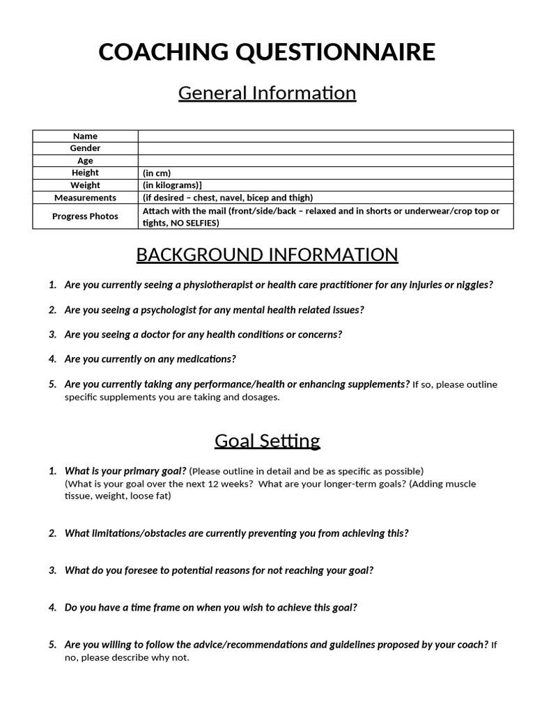 Coaching Questionnaire 2 | PDF | Dieting | Strength Training