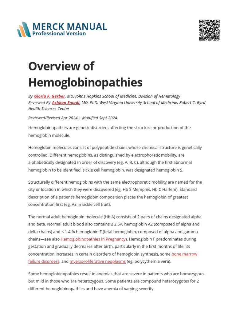Overview of Hemoglobinopathies - Hematology and Oncology - Merck Manual Professional Edition | PDF