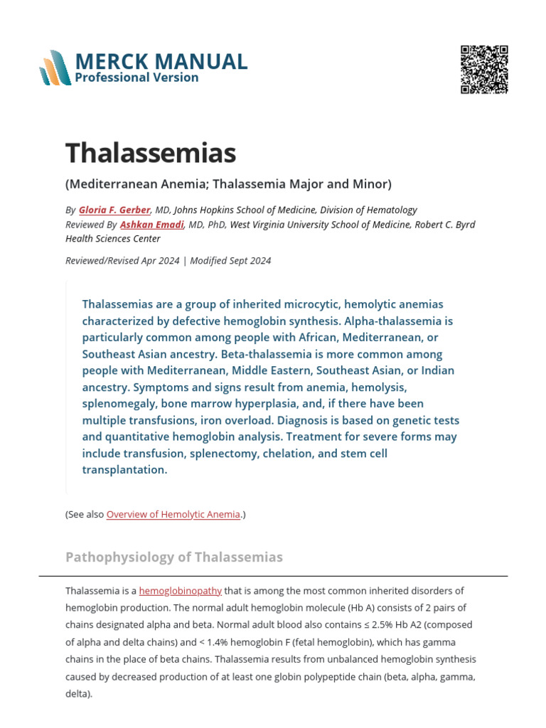 Understanding Thalassemias: Types & Treatment | PDF | Anemia | Hematology