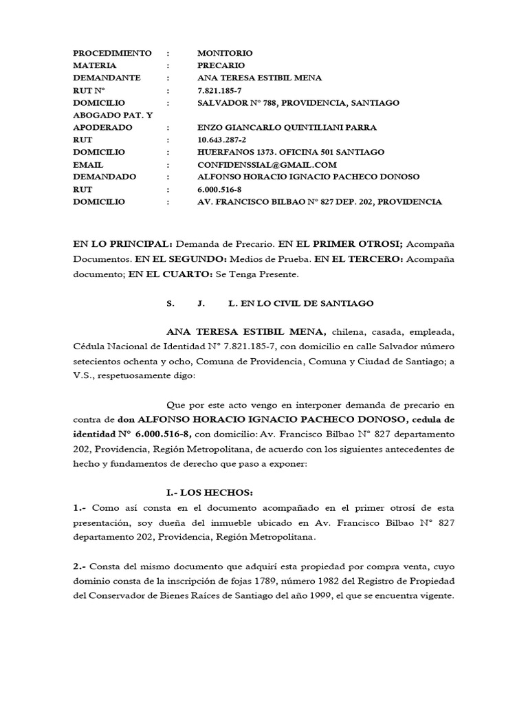 Demanda de Precario en Santiago | PDF | Ley común | Justicia
