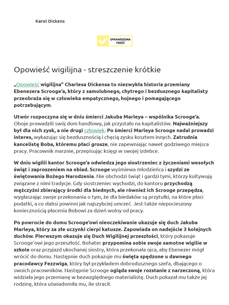 Opowieść Wigilijna - Streszczenie Krótkie - Karol Dickens - Bryk - PL | PDF