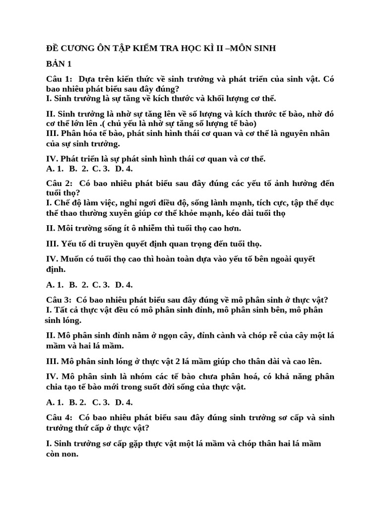Đề Cương Kì II Khối 11 Môn Sinh | PDF