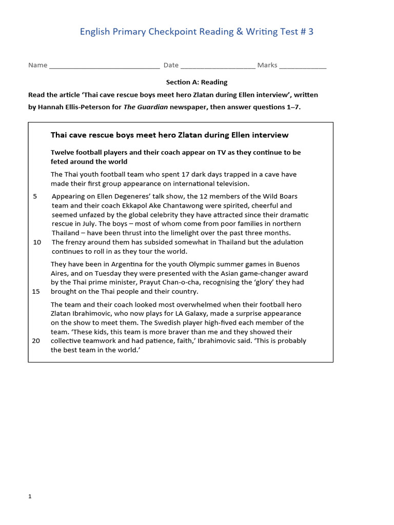 English Primary Checkpoint Reading Writing Test 3 | PDF