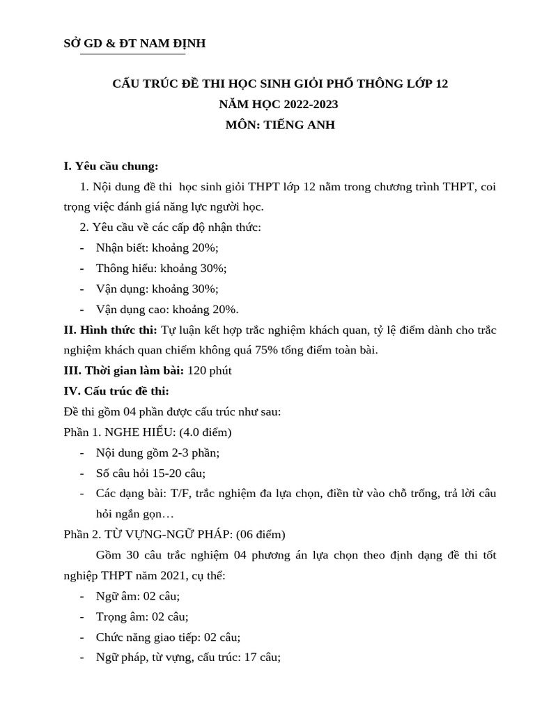 Cấu Trúc Đề Thi HSG Tiếng Anh 12 | PDF