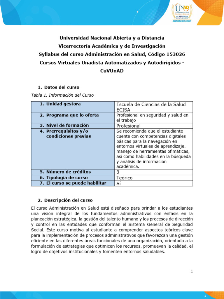 Syllabus Del Curso - Administración en Salud | PDF | Evaluación ...