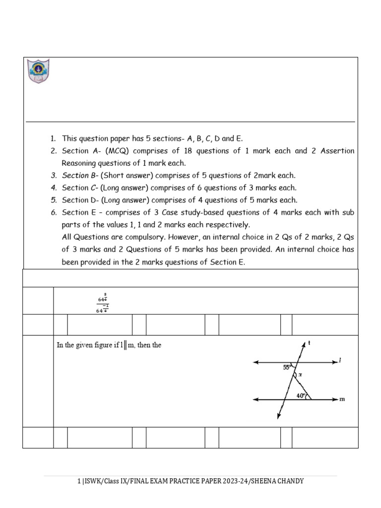 4612681-Ix Qpsheena Final Exam Practice Paper 2023 24 | PDF | Area ...