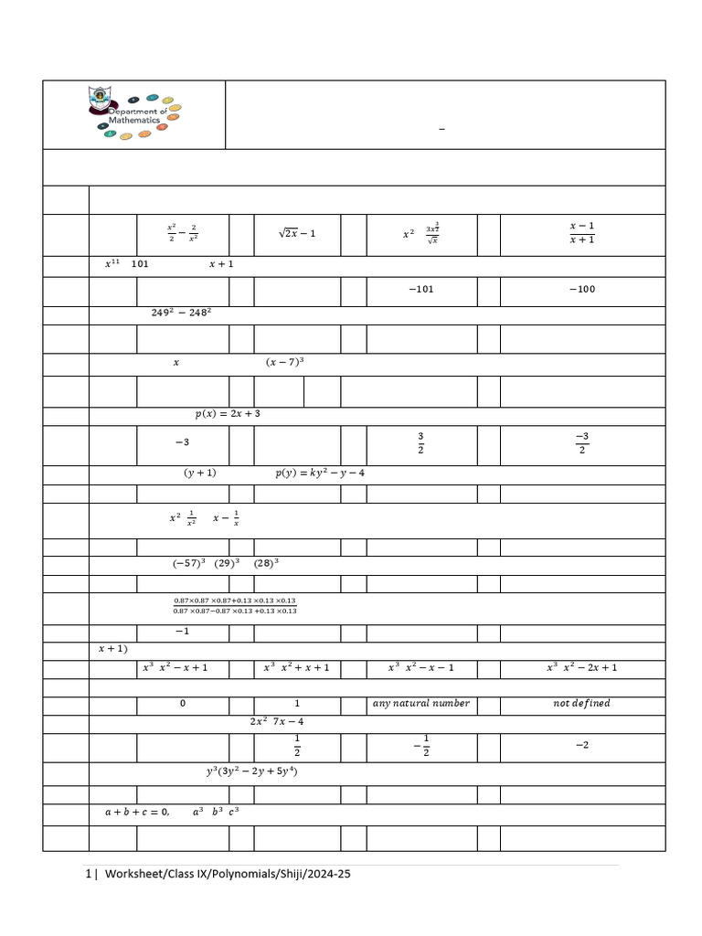5055858-CL09 - WS2 - Polynomials - MCQ - Shiji - 2024-25 | PDF | Polynomial | Mathematics Of ...