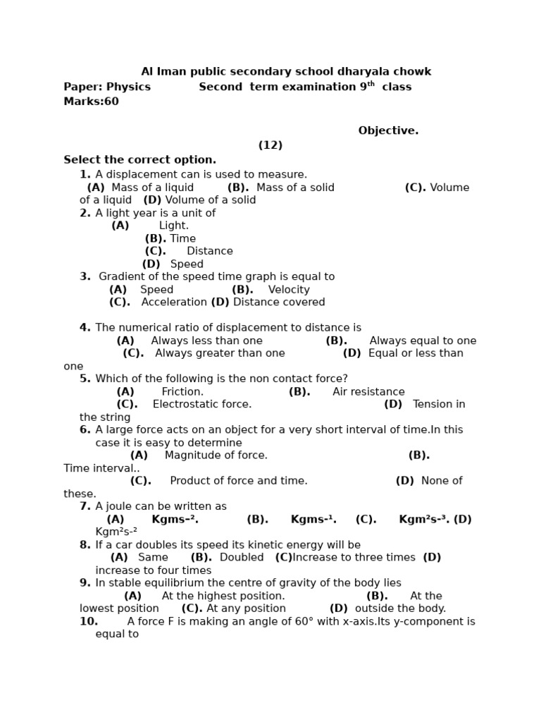 9th Class Physics Exam Paper | PDF | Force | Newton's Laws Of Motion