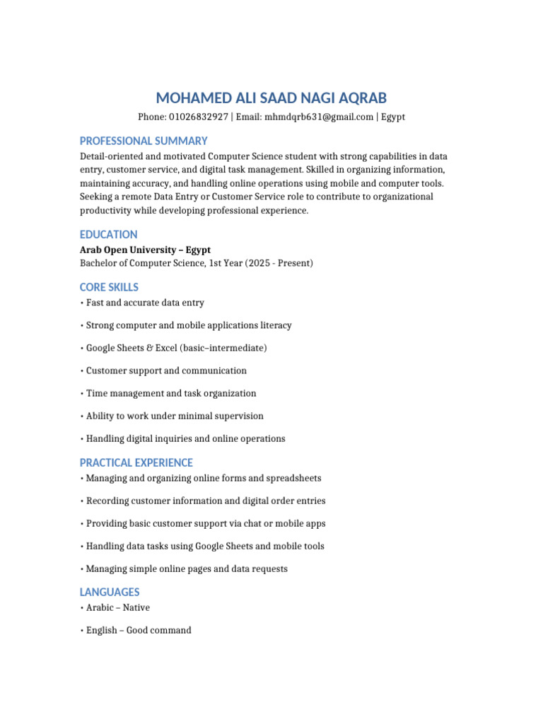 Mohamed Ali Saad Nagi Aqrab Resume Professional | PDF