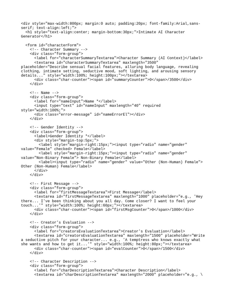 Intimate AI Character Generator | PDF