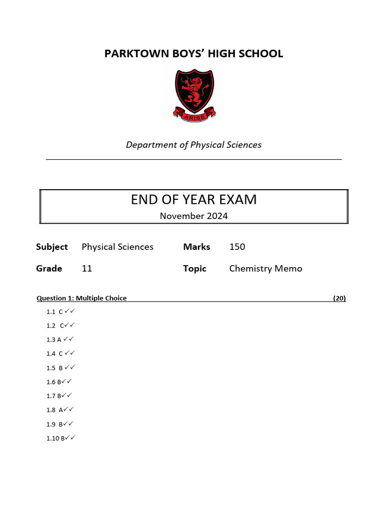 Grade 11 Physical Sciences Exam Memo | PDF | Chemical Bond | Condensed ...