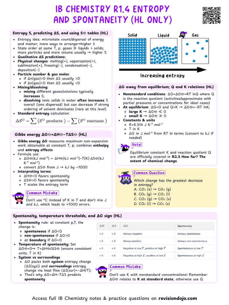Chemistry R1.4 Entropy and Spontaneity (HL) Cheatsheet | PDF | Entropy ...