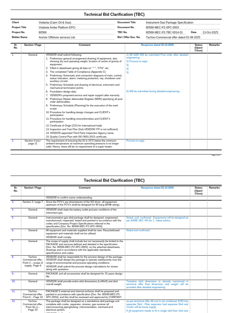 Vedanta Instrument Gas Package TBC | PDF | Pipe (Fluid Conveyance ...
