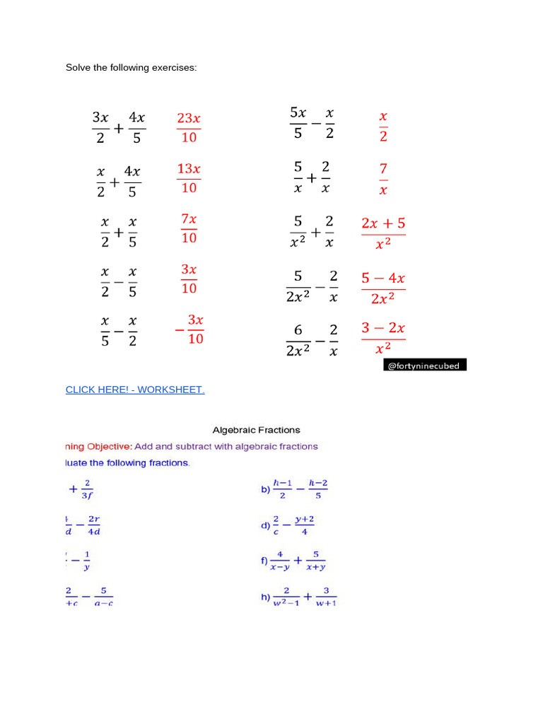 Adding and Subtracting Fractions With Variables | PDF