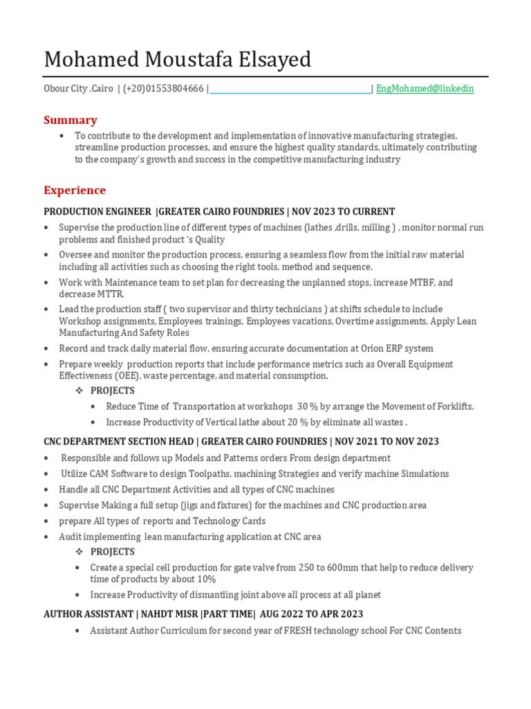 Mohamed Moustafa - Manufacturing Engineer Resume | PDF | Engineering ...