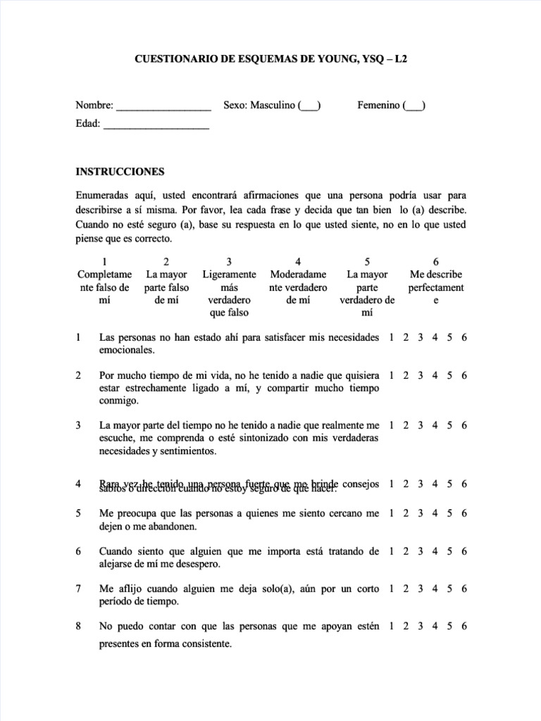 PDF Cuestionario de Esquemas de Young Compress | PDF | Placer | Experiencia subjetiva