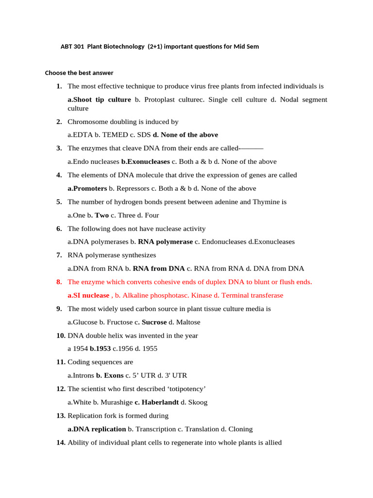 ABT BIOTECH Question Paper For Mid Sem-1 | PDF | Dna | Rna