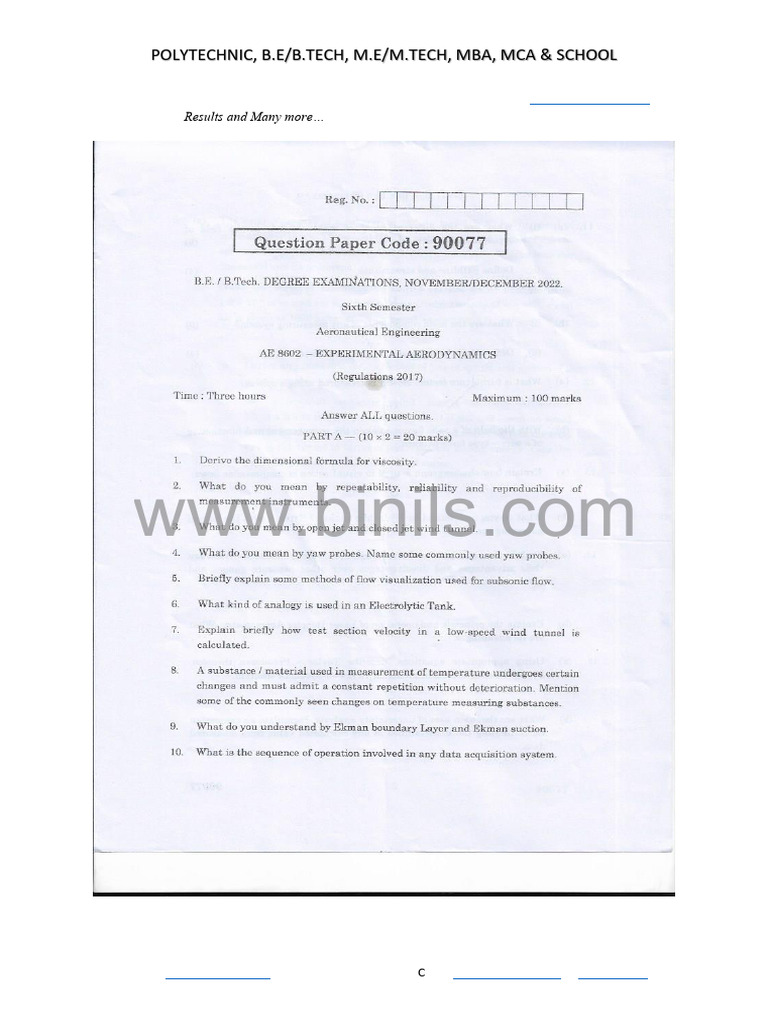 AE 8602 Experimental Aerodynamics Old Question Paper | PDF
