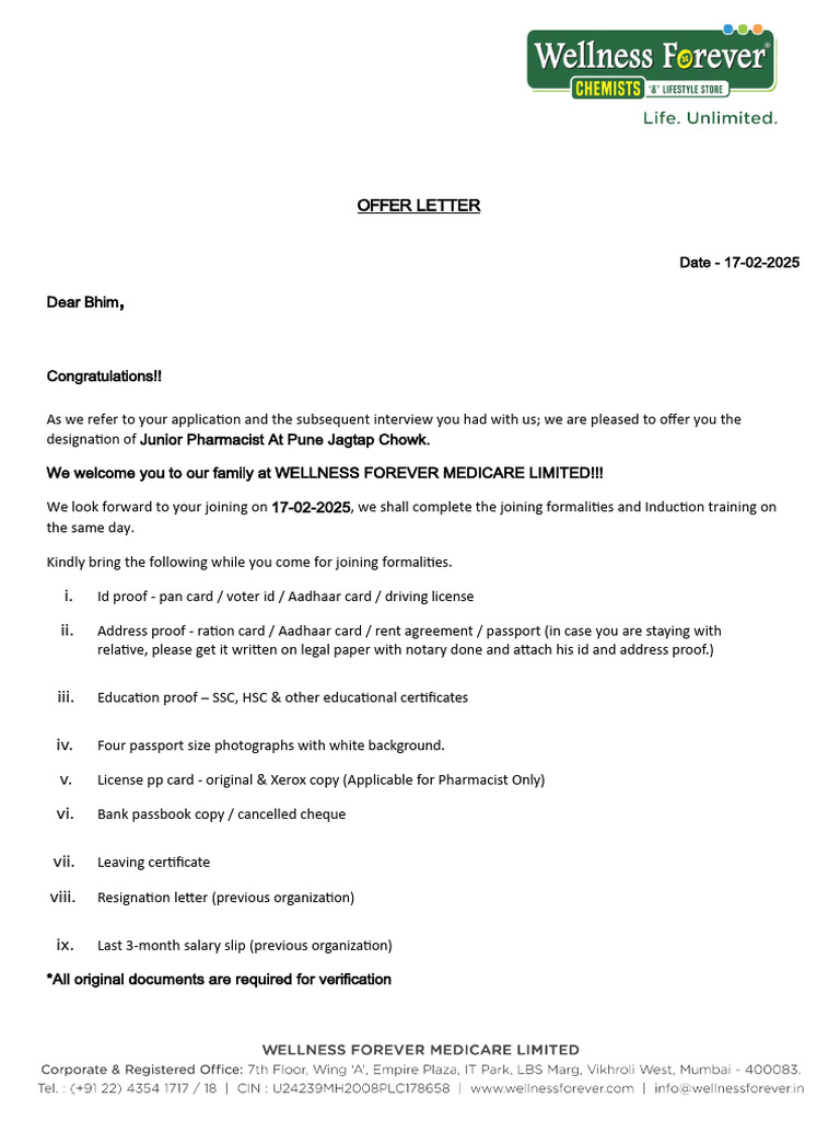 Bhim Offer Letter | PDF