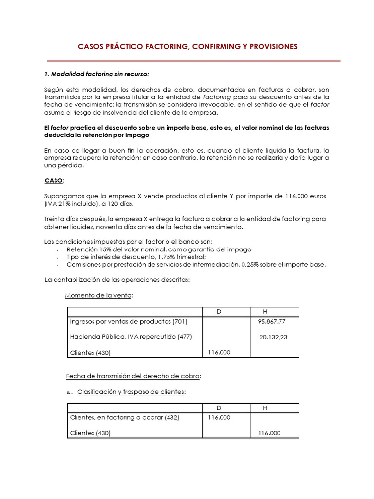 UD.2 Refuerzo Factoring, Confirming y Provisiones | PDF | Bancos | Bancario