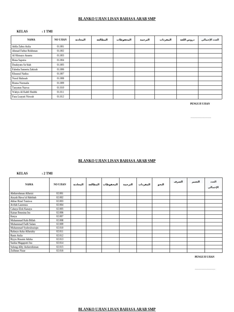 Blanko Ujian Lisan SMP Bahasa Arab & Inggris | PDF