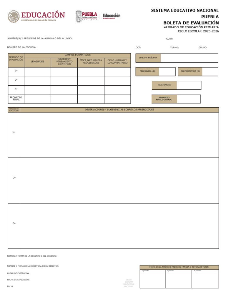 Boleta de Evaluación 4º Grado Puebla | PDF | Aprendizaje | Enseñando