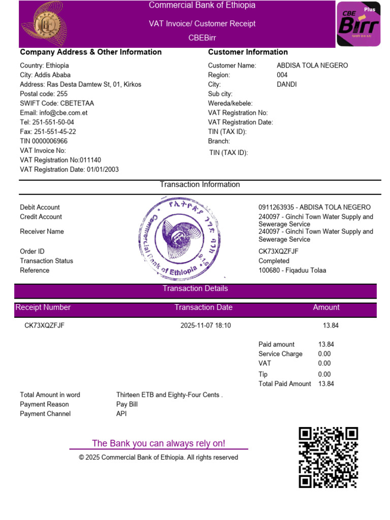 Cbebirr Receipt Ck73xqzfjf | PDF | Receipt | Value Added Tax